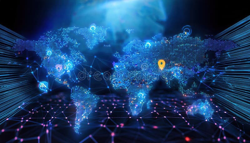 Digital World Map Illuminated by Blue Lines and Nodes, Representing ...