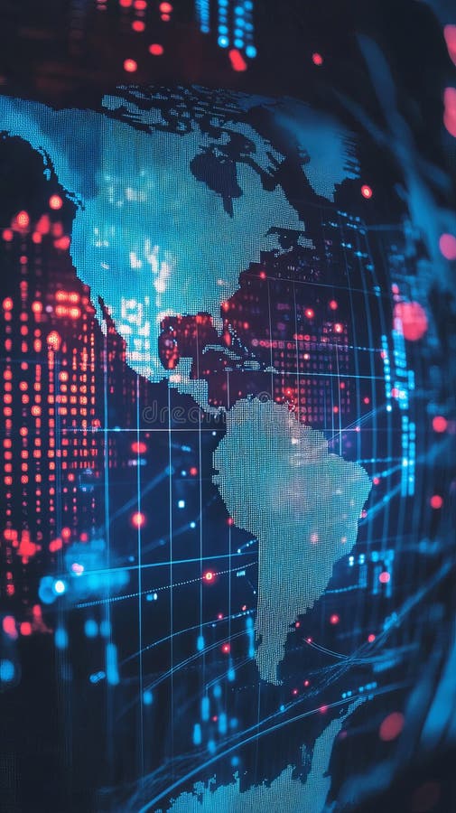 Digital World Map Illuminated in Cyberspace: a Futuristic Global ...