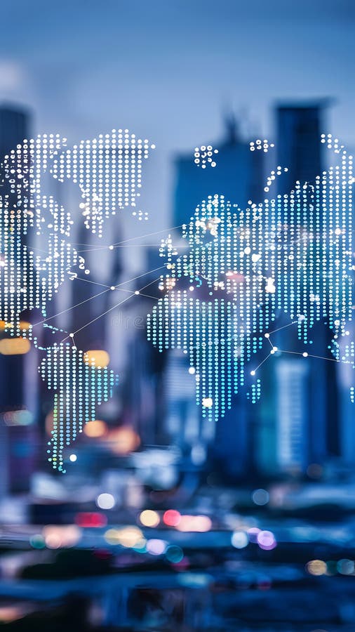 Digital World Map with Illuminated Dots on Blurred Urban Skyline ... Digital World Map with Illuminated Dots on Blurred Urban Skyline ...