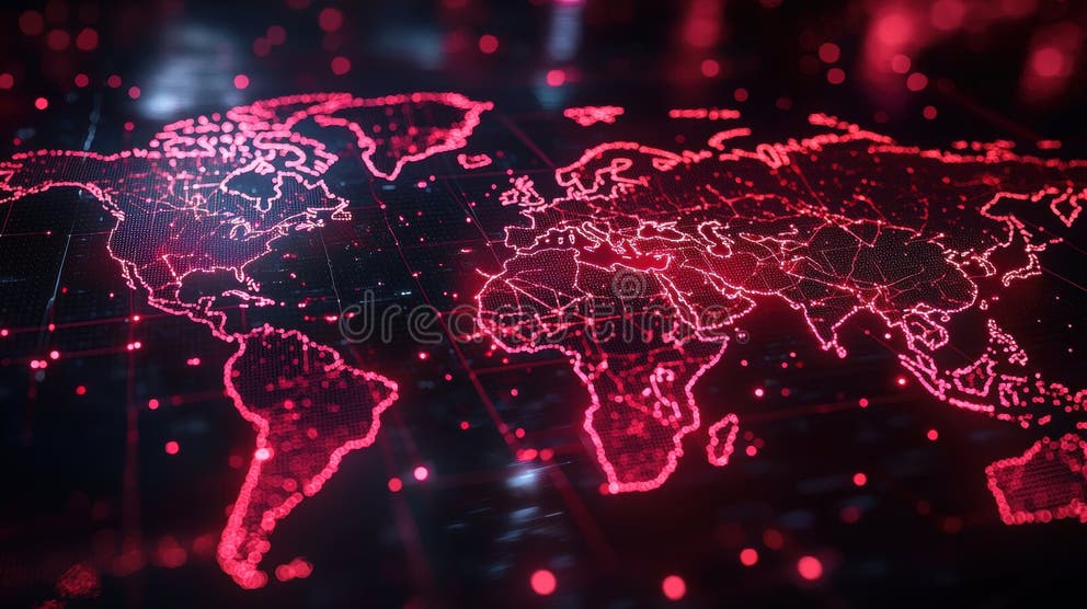 Digital World Map Illuminated in Red Showcases Interconnectedness of ...