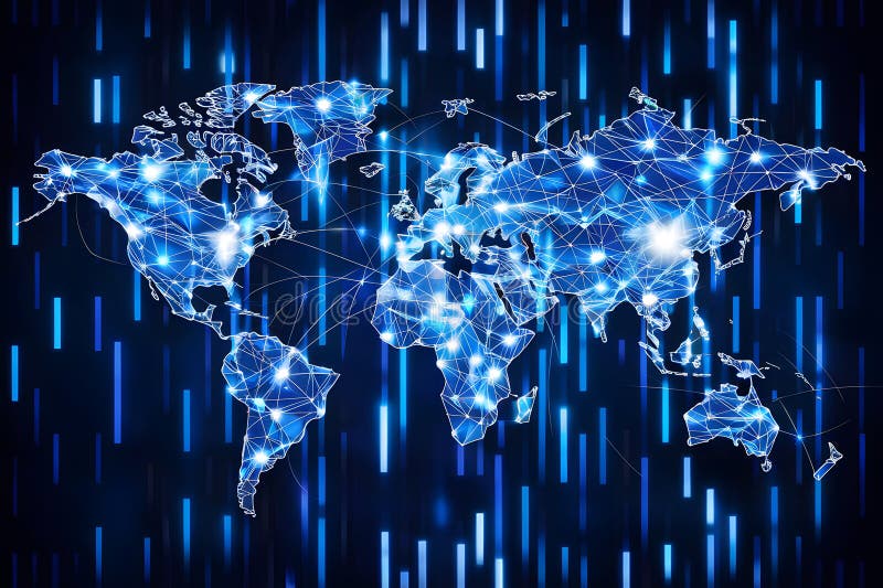 Digital World Map of Interconnected Dots, Blue with Bright Spots, Data ... Digital World Map of Interconnected Dots, Blue with Bright Spots, Data ...