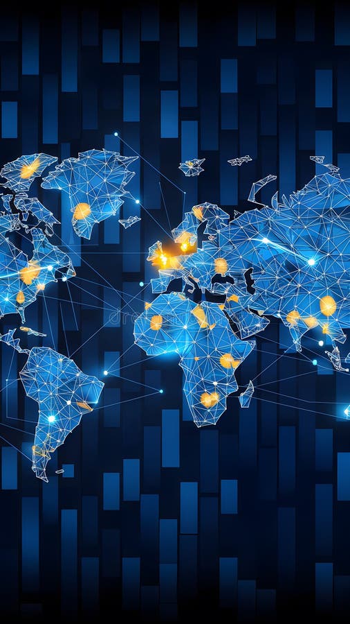 Digital World Map of Interconnected Dots, Blue with Bright Spots, Data ...