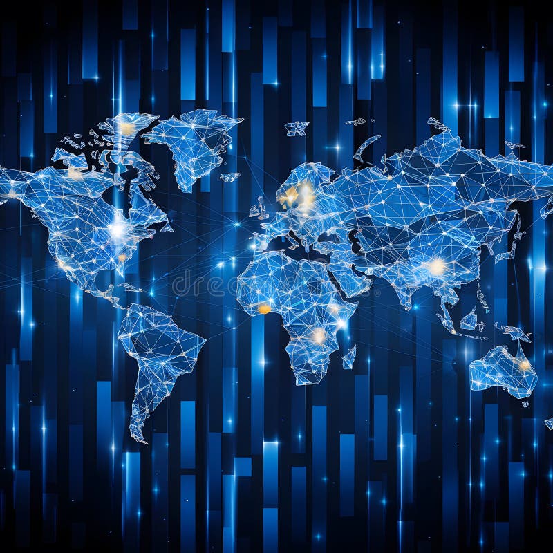 Digital World Map of Interconnected Dots, Blue with Bright Spots, Data ...