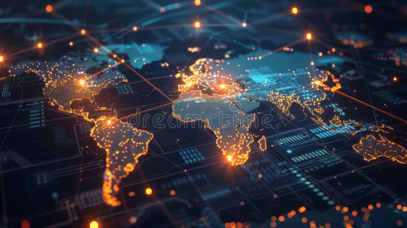 Digital World Map with Interconnected Nodes and Glowing Lights Stock ...