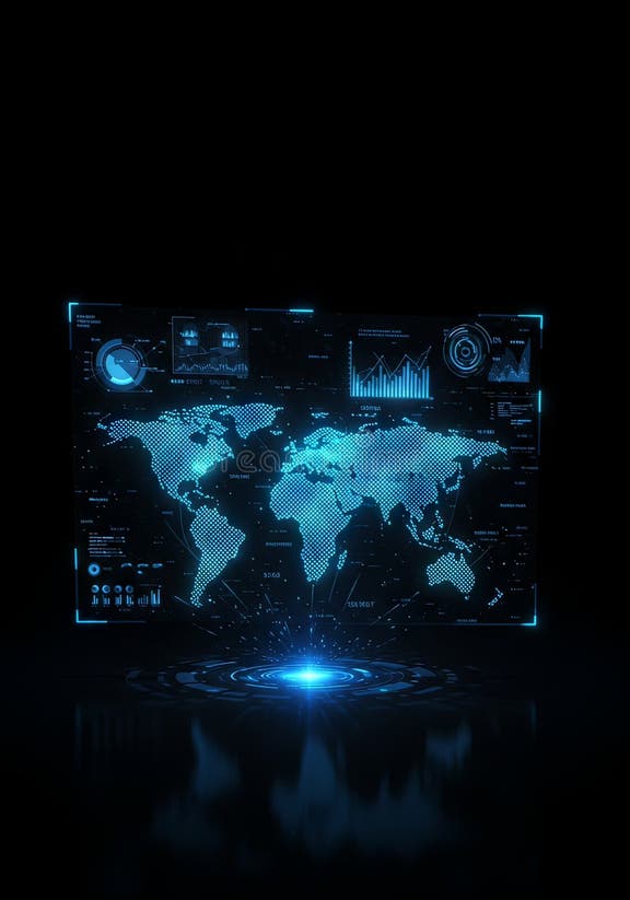 Digital World Map Interface with Blue Data Graphics Stock Illustration ...