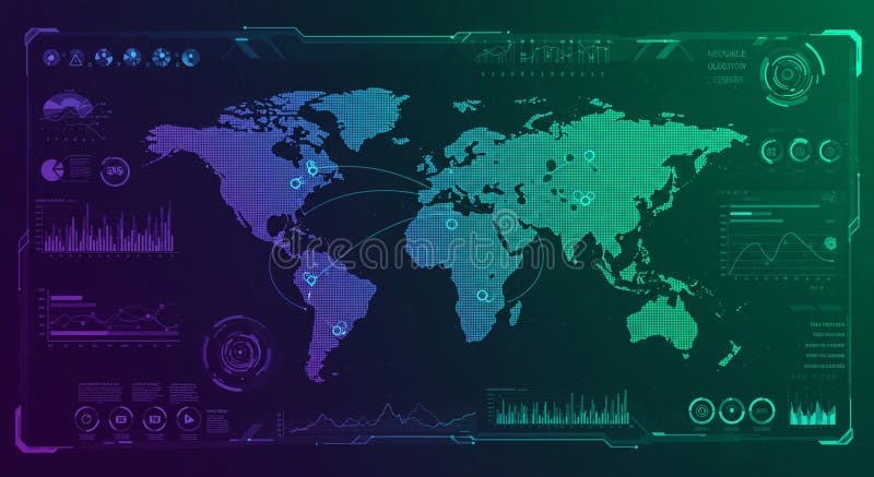Digital World Map Interface Displaying Continents with Highlighted Data Points. Graphs Stock ...