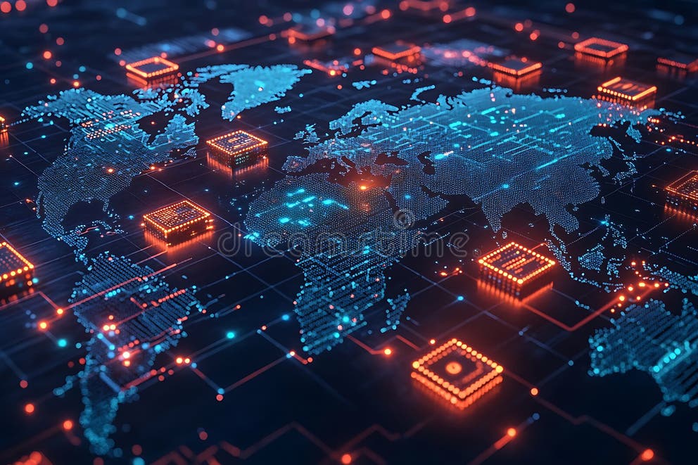 Digital World Map with Microchips for Global Technology and Network ...