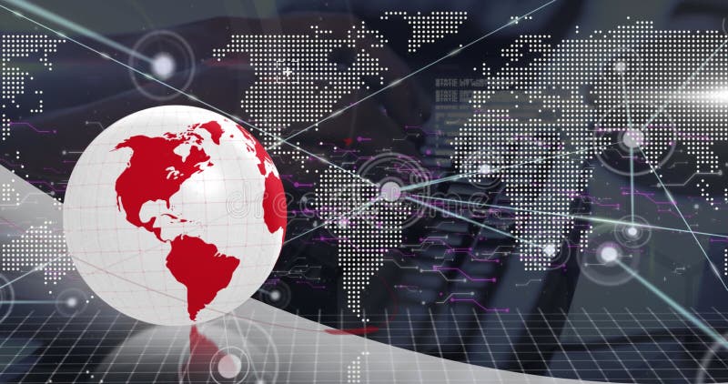 Digital World Map with Network Connections and Red Globe in Foreground ...