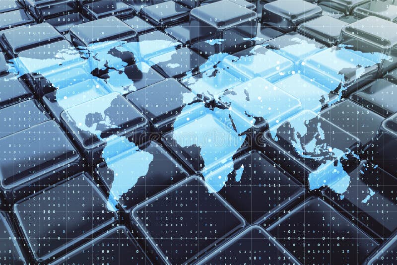 Digital World Map Over Glossy Keyboard Blocks with Binary Code. 3D ...