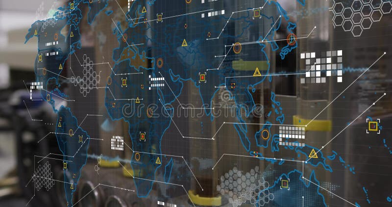 Digital World Map Overlay Floating Over Lab Bench, with Hex Grid, Data ...