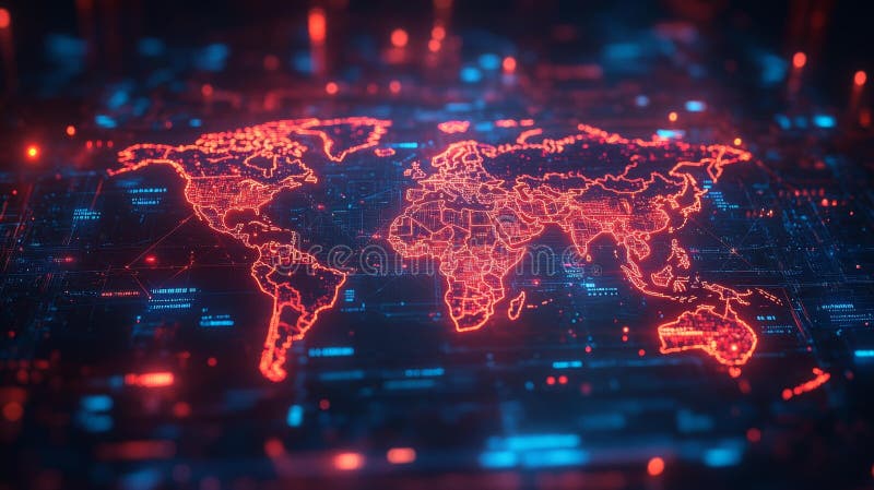 Digital World Map in Red - Generative Ai Stock Illustration ...