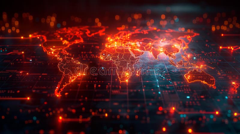 Digital World Map in Red Tones Generative AI Stock Illustration ...