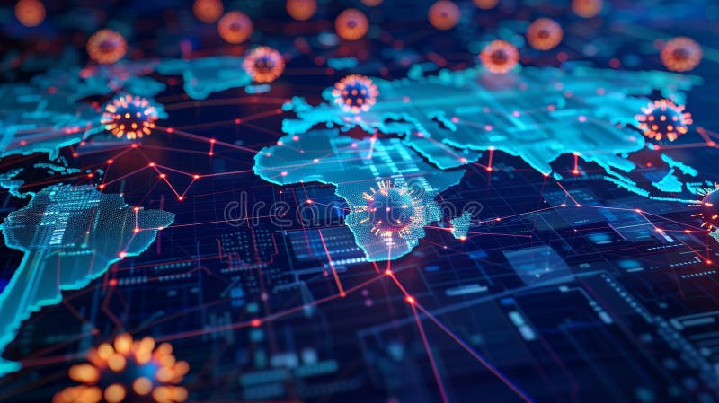 A Digital World Map with Red Virus Icons, Representing Global Pandemic ...