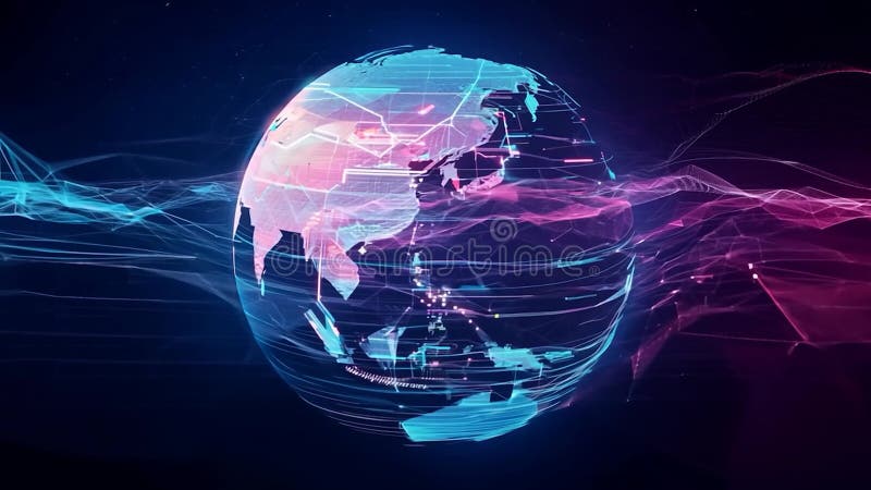 Digital World Map Rotating and Generating Waves of Data Connections ...