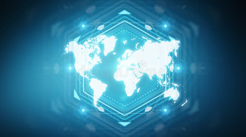 Digital World Map Screen Interface 3D Rendering Stock Illustration ...