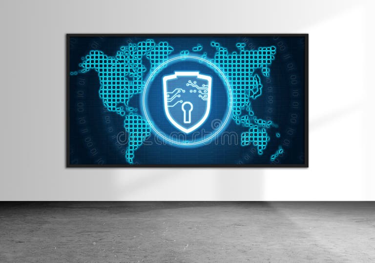 Digital World Map, Shield and Lock Interface on Screen Stock Photo ...
