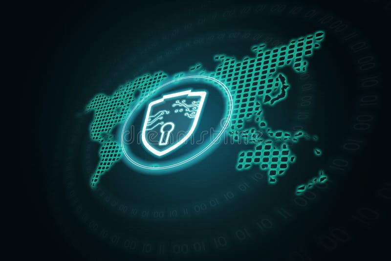 Digital World Map with Shield Stock Illustration - Illustration of lock ...