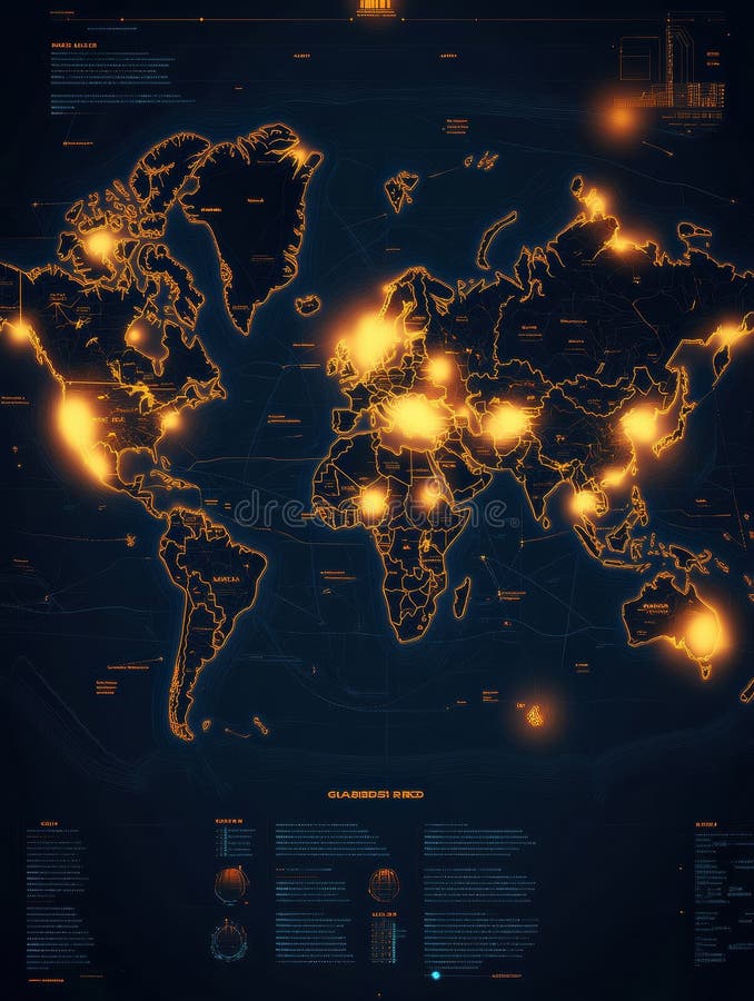 Digital World Map Showcasing Glowing Hotspots of Activity Across ...