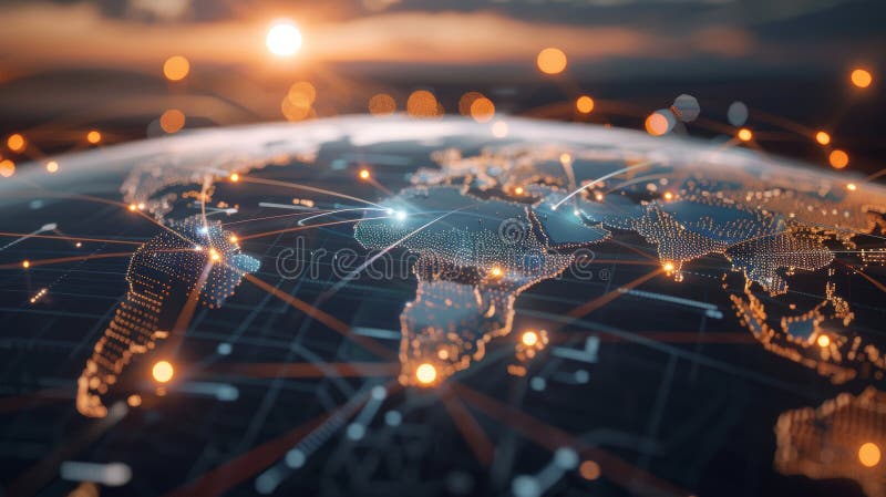 Digital World Map Showing Global Business Communication Network in ...