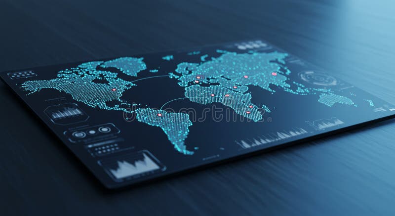 Digital World Map on a Sleek, Dark Surface Showing Continents Outlined with Glowing Stock ...