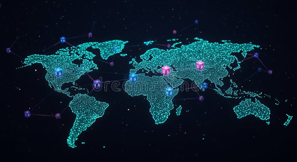 Digital World Map Visualization Using Bright Blue Grid Lines Against a ...