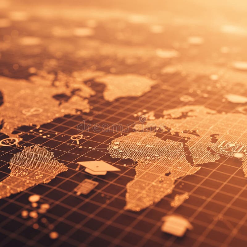A Digital World Map with a Warm Amber Glow, Featuring Continents ...