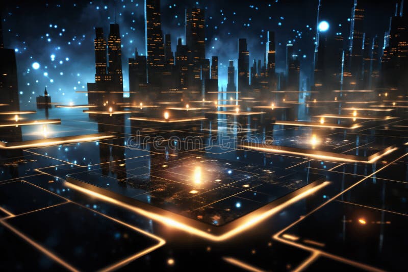 Digital World in Mega City of Future, Hologram and Glow Around Surface ...