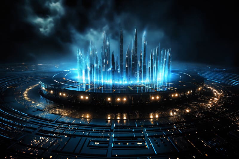 Digital World in Mega City of Future, Hologram and Glow Around Surface ...