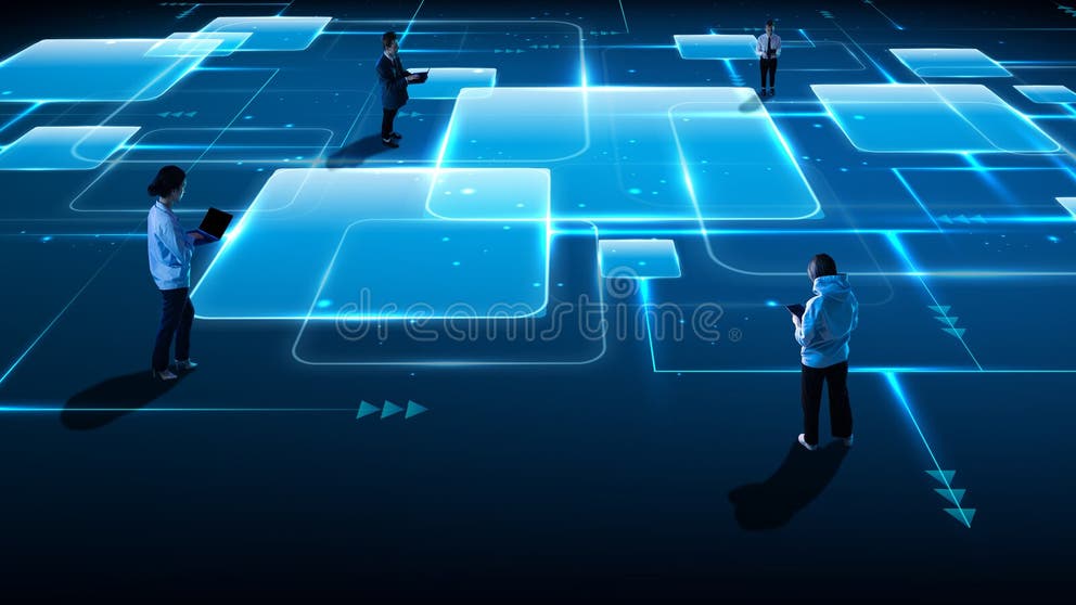 Digital World. People Navigating Glowing Interface Grid Symbolizing ...