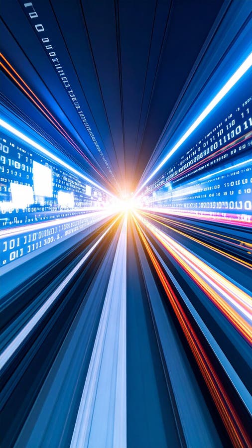 Digital World Speed Perspective with Binary Code and Light Trails ...