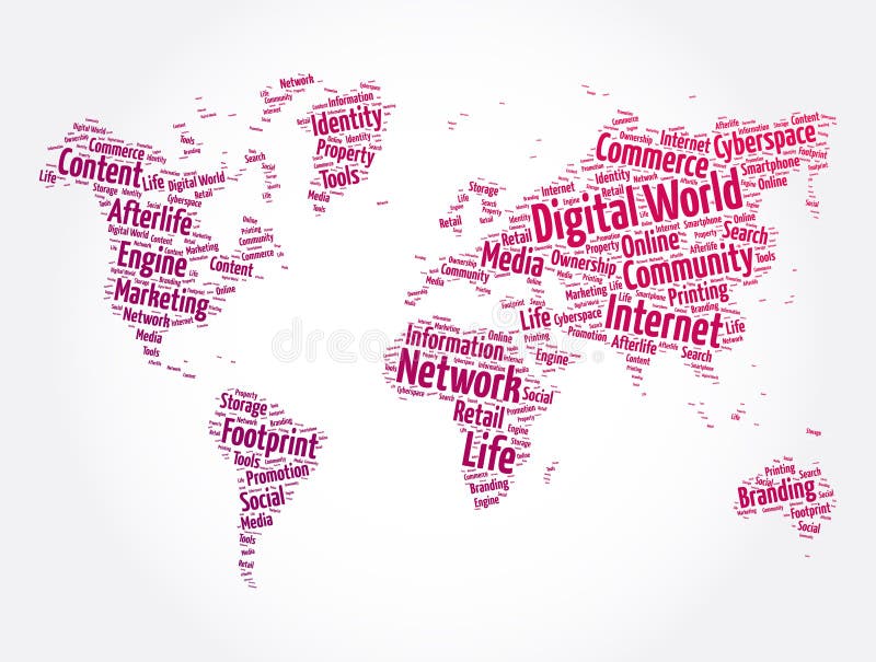 Digital World Word Cloud in Shape of World Map, Technology Concept ...