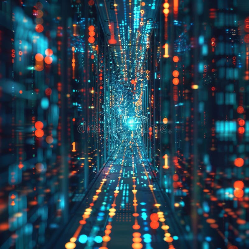 Digitalization Concept with Data Flowing through Server Room Corridor ...