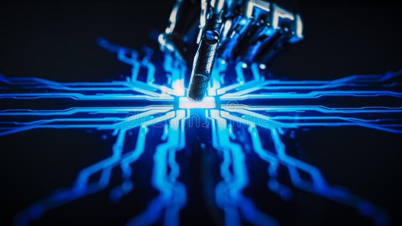 Digitalization Concept: Futuristic Robot Arm Interacting with Screen ... Digitalization Concept: Futuristic Robot Arm Interacting with Screen ...