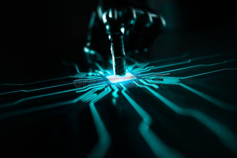 Digitalization Concept: Futuristic Robot Arms, Finger Touches Screen ...