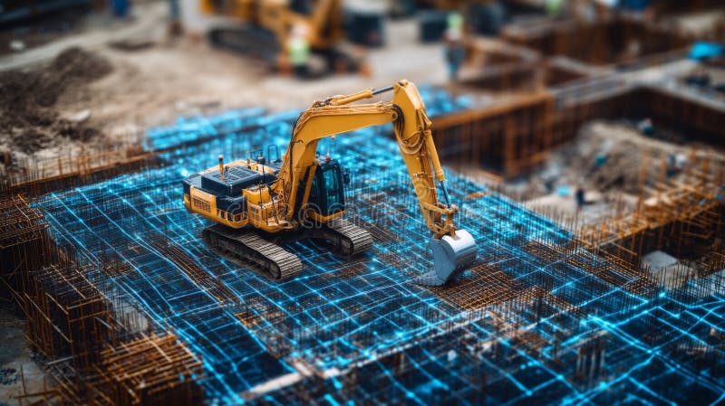 Digitalized Construction Site with Excavator and Detailed Blueprint ...