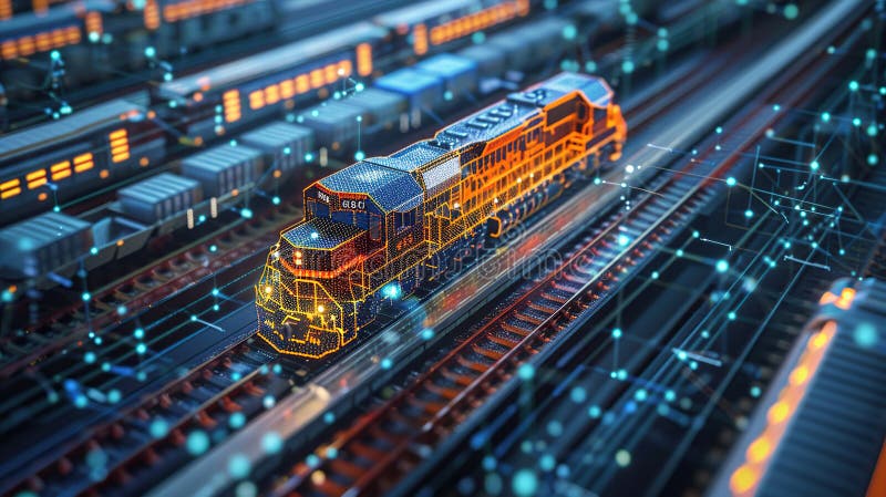 Digitalized Train in Motion on a Network of Tracks. Generative AI Stock ...