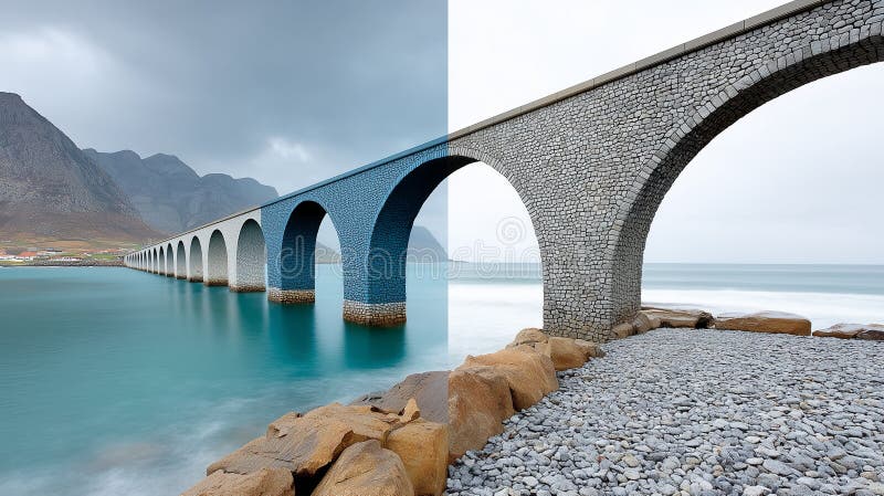 A Digitally Altered Image Displaying a Stone Arch Bridge Divided into ...