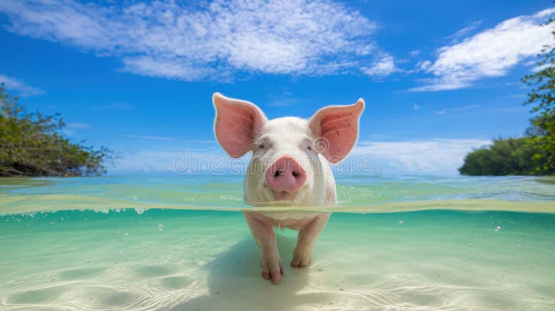 Digitally Altered Pig Swimming in Ocean with Sunny Sky Stock ...