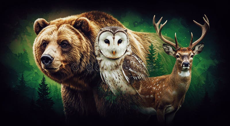 A Digitally Composed Image Featuring a Brown Bear, a Barn Owl, and a ...