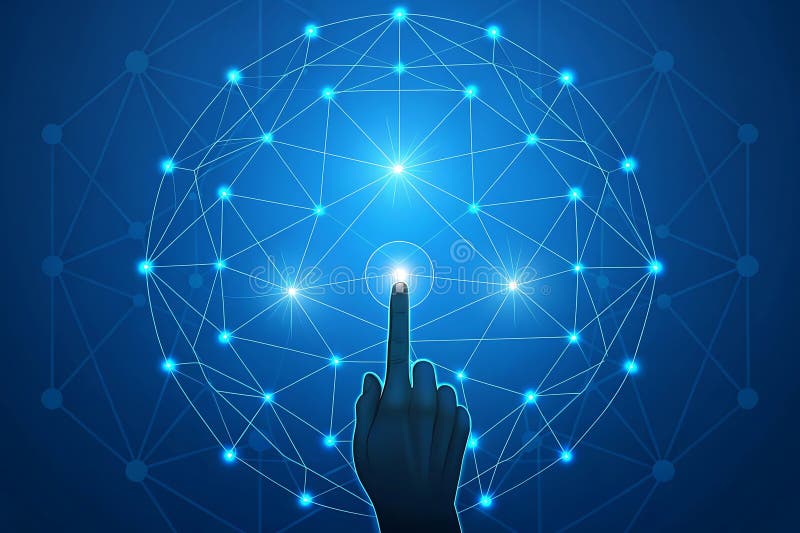 Digitally Connected Network of Glowing Dots and Lines with Human Finger ...