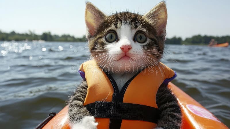 A Digitally Created Cat in a Life Jacket, Using Oars To Paddle through ...