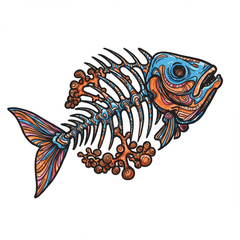 Digitally Created Fish Skeleton Design in Vibrant Colors. the Structure ...
