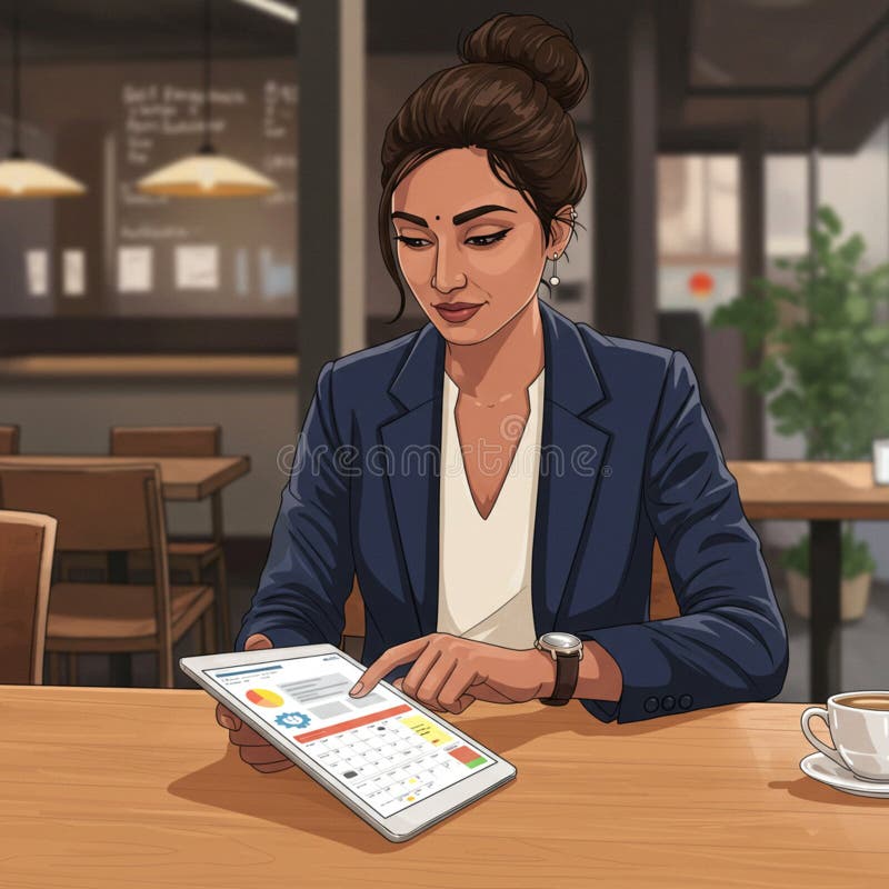 A Digitally Created Illustration of a Woman in a Blazer Sitting at a ...