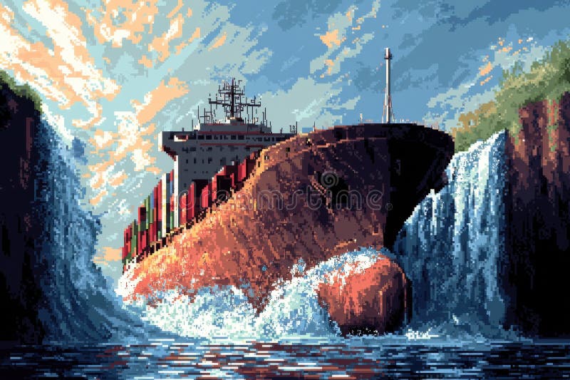 A Cargo Ship Navigating through a Digital Waterfall Landscape Stock ...