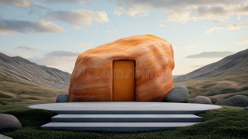 Surreal Orange Rock Structure with Door in Mountain Landscape ...