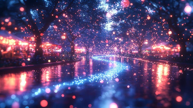 Magical Night Scene Illuminated Park Path Glowing Lights Water ...