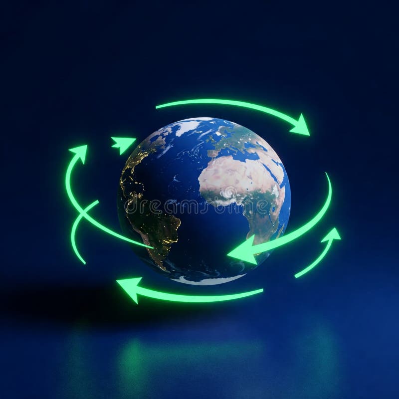 AI Generated Earth Globe with Green Rotating Arrows Stock Illustration ...