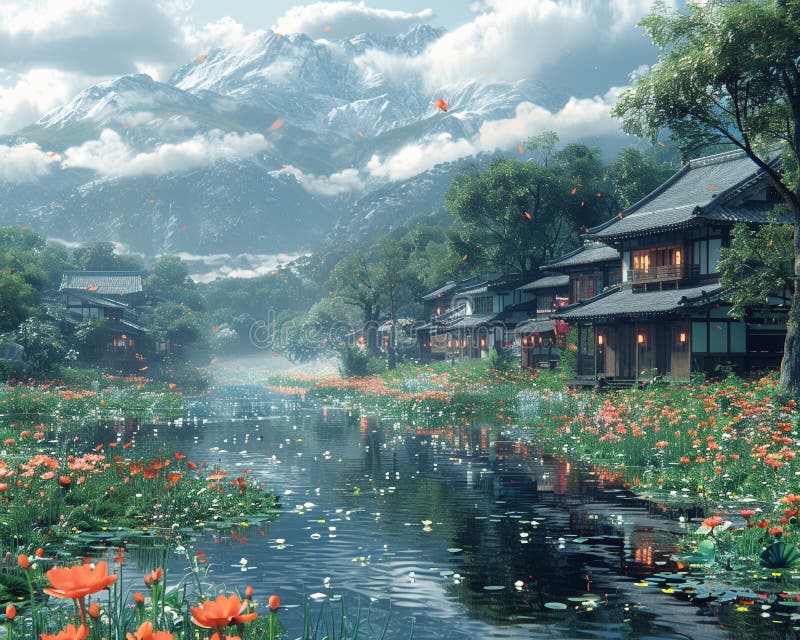 Digitally Created Image of a Peaceful Village Stock Image - Image of ...