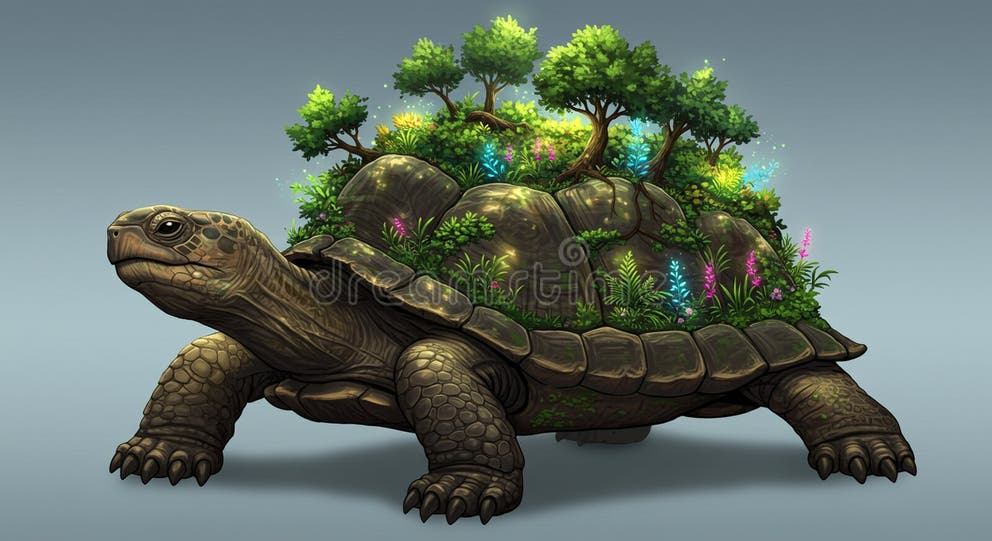 A Digitally Created Image Showcasing a Large Tortoise with a Forest ...