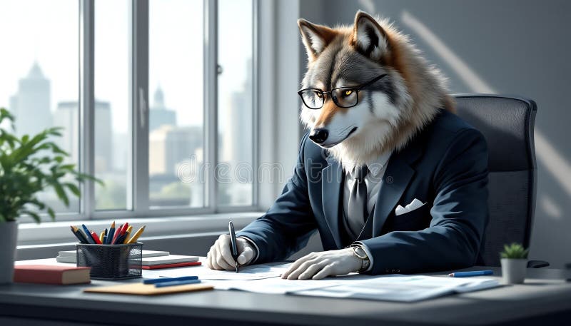 Wolf in Suit Working at Desk - Stock Photo Stock Illustration ...